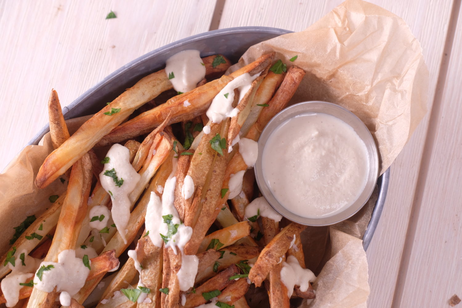 Homemade Fries with Creamy Horseradish Drizzle | Meatless Makeovers